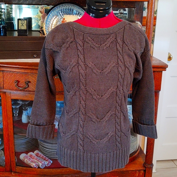 Hannah | Sweaters | Hannah Boat Neck Cable Knit 34 Sleeve Sweater Dark ...